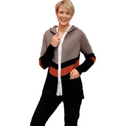 Damen Longstrickjacke im Color-Blocking-Dessin dunkeltaupe-schwarz-gemustert, Gr&ouml;&szlig;e 54