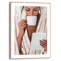 Poster Reinders, B:30cm H:40cm T:1,6cm, braun, Wohnzimmer, Bilder, "Relaxing Time", Wohnzimmer - Frau - Kaffee - Lesen - Braun - MDF - Menschen -