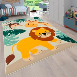 Kinderteppich Paco Home, B:160cm H:4mm L:220cm, beige, Polyester, Teppiche, "Bino 582", Spielteppich, Motiv Tiere, L&ouml;we & Giraffe, Kinderzimmer