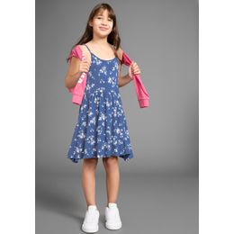 Kidsworld M&auml;dchen Jerseykleid "Tr&auml;gerkleid, sommerlich mit verstellbaren Tr&auml;gern", blau, Gr. 128, bedruckt, gebl&uuml;mt, Jersey, Obermaterial: 95%