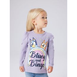 name it M&auml;dchen Langarmshirt "NMFJESSIE BLUEY LS TOP BOX NOOS SKY", lila, Gr. 104, Jersey, Obermaterial: 95% Baumwolle, 5% Elasthan, Shirts