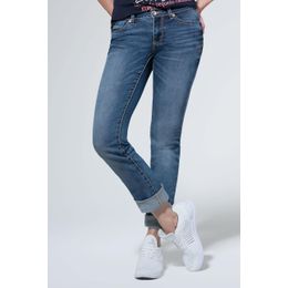 SOCCX Damen Regular-fit-Jeans, blau, Gr. 34, Abriebeffekte, Denim/Jeans, Material: 72% Baumwolle, 27% Polyester, 1% Elasthan, Zusatz: Enth&auml;lt