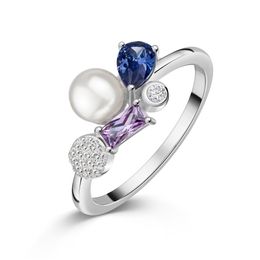 Firetti Damen Fingerring "Schmuck Geschenk Silber 925 Damenring Ring Baguette Kreis Tropfen", 56, Perlen Silber 925 (Sterlingsilber), 2mm, lila,