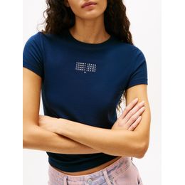 Tommy Jeans Damen Kurzarmshirt "TJW SLIM TOMMY 85 RIB SS TEE"schwarz night navy, Gr. L, bedruckt, Single Jersey, Obermaterial: 95% Baumwolle, 5%