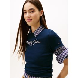 Tommy Jeans Damen Kurzarmshirt "TJW SLIM ESS LOGO 1 RIB TEE EXT", blau, Gr. XS, bedruckt, Single Jersey, Obermaterial: 95% Baumwolle, 5% Elasthan,