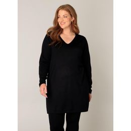Damen V-Ausschnitt-Pullover "BAS-ANINE-LONG", schwarz, Gr. 52, Base Level Curvy, leicht gl&auml;nzend, Feinstrick, Obermaterial: 80% Viskose, 20%