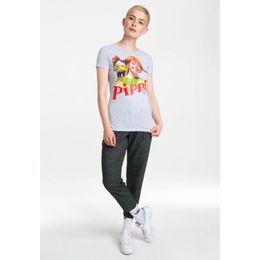 logoshirt Damen T-Shirt "Langstrumpf - &Auml;ffchen Herr Nilsson", grau, Gr. XS, bedruckt, meliert, 95% Baumwolle, 5% Viskose, Shirts, mit niedlichem Print