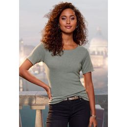 Lascana Rundhalsshirt 'mit feiner Glitzereinfassung' gr&uuml;n Gr. 44/46 f&uuml;r Damen. Tiefer Rundhals und Glitzerdetails. Bequem. Nachhaltig.