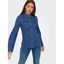 Jeansbluse Only "ONLSASIA L/S RHINESTONE DNM SHIRT AKM", Damen, Gr. S, blau (medium blau denim), Denim/Jeans, Obermaterial: 75% Baumwolle, 23% Polyester, 2% Elasthan, unifarben, 1-Knopf-Manschette, Blusen Jeansbluse