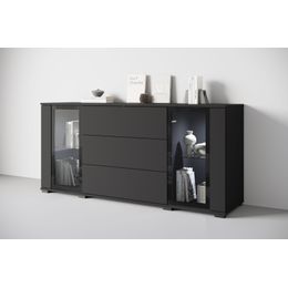 Sideboard Home Affaire "modernes Design mit Glaseins&auml;tzen und 3 Schubladen, Breite 150 cm", schwarz (graphite schwarz matt), B:150cm H:70cm T:39,5cm, FSC-zertifizierter Holzwerkstoff, Sideboards, Sideboard, Grifflose Fronten mit Push-to-Open, h&ouml;henverstellbare Einlegeb&ouml;den