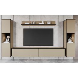 Wohnwand OTTO HOME "PARIS, Vitrine T&uuml;ranschlag links/rechts wechselbar", beige (congo, congo), B:260cm H:130cm T:33cm, Hartfaserplatte, Kastenm&ouml;bel-Sets, Wohnwand, TV-Wand 260cm breite, grifflose Design, stehend und h&auml;ngend montierbar