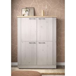 Highboard OTTO HOME "Country H&ouml;he 160 cm u. Breite 118 cm, Kommode mit 4 T&uuml;ren", beige (eiche meringa nb, eiche cadiz nb), B:118cm H:160cm T:44cm, Sideboards, Highboard, Schrank im Landhausstil, viel Stauraum, mit Metallgriffe, MDF-Rahmen