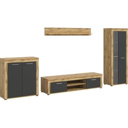 Wohnwand Home Affaire "Aosta, Breite 330cm, best. aus Highboard, Lowboard, Wandboard, Vitrine", grau (wotan eiche, grau), B:330cm H:159cm T:35cm, Holzwerkstoff, Kastenm&ouml;bel-Sets, Wohnwand, Wohnwand, Kombination, Anbauwand, M&ouml;bel Set, Schrankwand, M&ouml;bel Kombi