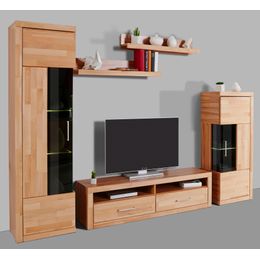 Wohnwand OTTO HOME "Ribe Wohnwand Set-5 St.", beige (kernbuche teilmassiv), B:240cm H:180cm T:35cm, Holz teilmassiv, Kastenm&ouml;bel-Sets, Wohnwand, Glaseinsatz aus geh&auml;rtetem Glas,B&ouml;den teilweise versetzbar