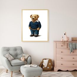 Bild mit Rahmen queence "Vintage Polo Teddy B&auml;r in Pullover und Hemd", farbe rahmen: beige, farbe bild(er): blau, B:30cm H:40cm T:1,5cm, Acrylglas, Holzrahmen, Bilder, Bild mit Rahmen, HD Premium Poster-Druck inkl. Echtholzrahmen in beige