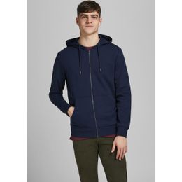 Jack & Jones Kapuzensweatjacke JACK & JONES "JJEBASIC Hoodie mit Rippb&uuml;ndchen und angenehmem Tragegef&uuml;hl", Herren, Gr. L, blau (navy), Sweatware, Obermaterial: 85% Baumwolle, 15% Polyester, unifarben, normal h&uuml;ftbedeckend, Rundhals, Rippb&uuml;ndchen, Sweatjacken Kapuzensweatjacke, unifarben, modisch, regular fit, Baumwollmischung, Rundhals