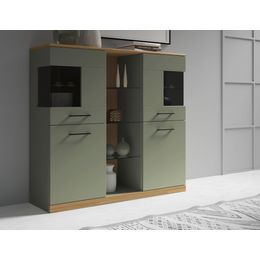 Highboard OTTO HOME "Ribe,120cm breit,112cm hoch,Oberplatte massiv,12 F&auml;cher", salbei, eiche, B:120cm H:112cm T:35cm, FSC-zertifizierter Holzwerkstoff, Massivholz, Sideboards, Highboard, Eiche massiv,Melamin Salbeigr&uuml;n,schwarze Metall Griffe,T&uuml;ren mit Glass