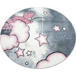 Kinderteppich Ayyildiz Teppiche "Kids 580" Gr. 9, pink (pink, grau), H:12mm &Oslash;:120cm, Kunstfaser, Teppiche, Kinderteppich, auch rechteckig, Motiv Sterne, Teddyb&auml;r, Kurzflor