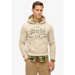 Kapuzensweatshirt Superdry "SD-VL HERITAGE RELAXED HOOD", Herren, Gr. L, beige (pelican beige), Jersey, Obermaterial: 55% Baumwolle, 45% Polyester, bedruckt, relaxed fit normal, ohne Ausschnitt, Rippb&uuml;ndchen, Sweatshirts Kapuzensweatshirt