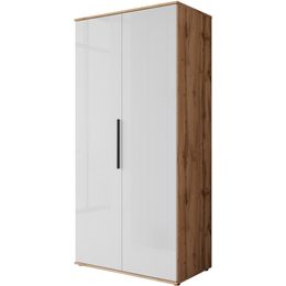 Kleiderschrank OTTO HOME "LAGOS W&auml;scheschrank, Garderobe, schwarze Griffe, Made in Europe", wei&szlig; (wotaneichefarben, wei&szlig; hg), B:90,1cm H:187,3cm T:51cm, FSC-zertifizierter Holzwerkstoff, Schr&auml;nke, Kleiderschrank, Moderner Dreht&uuml;renschrank, FSC-zertifiziert, Schlafzimmerschrank