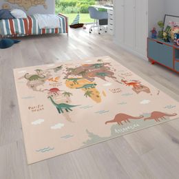 Kinderteppich Paco Home "Bino 583", beige, B:80cm H:4mm L:150cm, Polyester, Teppiche, Kinderteppich, Spielteppich, Motiv Weltkarte & Dinosaurier, Kinderzimmer