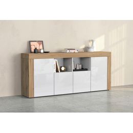 Sideboard OTTO HOME "CHRONOS Breite 200 cm mit 4 T&uuml;ren, 2 offene und 8 geschlossene F&auml;cher", wei&szlig; (wei&szlig; hochglanz, eiche wotan), B:200cm H:85cm T:40cm, FSC-zertifizierter Holzwerkstoff, Sideboards, Sideboard, Sideboard,Kommode, Schrank, Grifflos mit Push to Open, Made in Italy