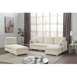 Wohnlandschaft, beige (creme, wei&szlig;), B:310cm H:87cm T:88cm, ATLANTIC HOME COLLECTION, Sofas, Wohnlandschaft, modularer 4-Sitzer mit 2 Hockern, weicher Cordbezug