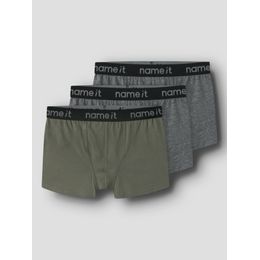 Trunk name it "NKMBOXER 3P", Jungen, Gr. 110, 3 Stk., grau (tea leaf pack:w, 2 x dunkelgrau melange), Jersey, Obermaterial: 95% Baumwolle, 5% Elasthan, meliert, eng, Unterhosen Trunk, eng, Jersey, Logoschriftzug, angesetztes B&uuml;ndchen