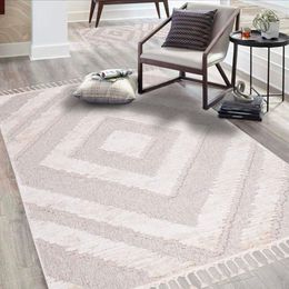 Hochflor-Teppich Carpet City "Valencia 813", beige (creme, graublau), B:120cm H:20mm L:170cm, Polypropylen, Teppiche, Fransenteppich, L&auml;ufer, Boho-Stil, 3D-Effekt, Raute, Hoch-Tief-Struktur, mit Fransen