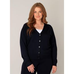 Cardigan Base Level Curvy "BAS-YVONNE", Damen, Gr. 46, blau (dunkelblau), Feinstrick, Obermaterial: 80% Viskose, 20% Polyamid, unifarben, normal h&uuml;ftlang, V-Ausschnitt, B&uuml;ndchen, Strickjacken, mit V-Ausschnitt und Knopfleiste