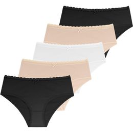 Hipster Dorina "Naomi", Damen, Gr. S, 5 Stk., bunt (schwarz, beige, ivory), Single Jersey, Obermaterial: 95% Baumwolle, 5% Elasthan, unifarben, k&ouml;rpernah, Unterhosen, mit zarter Spitzenverzierung