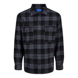 Jack & Jones Langarmhemd JACK & JONES "JORBLAFRI CHECK OVERSHIRT LS BF", Herren, Gr. XS, N-Gr, schwarz, Twill, Obermaterial: 60% Baumwolle, 40% Polyester, kariert, Basic, loose fit normal, Aufschlag, Hemden Langarmhemd, mit Brusttaschen