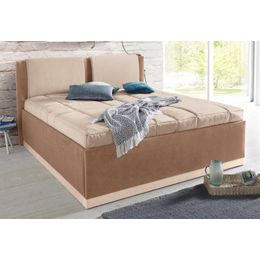 Polsterbett, braun (braun, beige), B:117cm L:212cm, Bezug Bett: Microfaser (100% Polyester);Bonnell-Federkernmatratze: Frottee (100% Polyester);Tonnentaschen-Federkernmatratze: 80% Baumwolle und 20% Polyester, Bezug abnehm- und waschbar bis 60C;Tagesdecke: Microfaser (100% Polyester), Westfalia Schlafkomfort, Betten, Polsterbett, mit Bettkasten und Tagesdecke