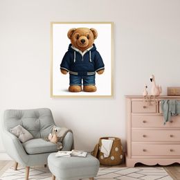 Bild mit Rahmen queence "Teddy B&auml;r mit Jeans und Hoody", farbe rahmen: beige, farbe bild(er): blau, B:40cm H:50cm T:1,5cm, Acrylglas, Holzrahmen, Bilder, Bild mit Rahmen, HD Premium Poster-Druck inkl. Echtholzrahmen in beige