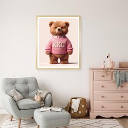 Bild mit Rahmen queence "Vintage Teddy B&auml;r M&auml;dchen mit Krawatte in rosa", farbe rahmen: beige, farbe bild(er): beige, B:40cm H:50cm T:1,5cm, Acrylglas, Holzrahmen, Bilder, Bild mit Rahmen, HD Premium Poster-Druck inkl. Echtholzrahmen in beige