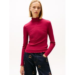 Langarmshirt Tommy Jeans "TJW SLIM RIB LETTUCE EDGE LS", Damen, Gr. S (36), lavish cerise, Single Jersey, Obermaterial: 95% Baumwolle, 5% Elasthan, unifarben, figurbetont, Shirts Langarmshirt, in gerippter Struktur