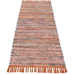 Teppich CarpetFine "Kelim Chindi, Wendeteppich", orange, B:60cm H:6mm L:180cm, Baumwolle, Polyester, Teppiche, Teppich, handgewebt, Fleckerlteppich mit Fransen, auch vielen in L&auml;ufergr&ouml;&szlig;en