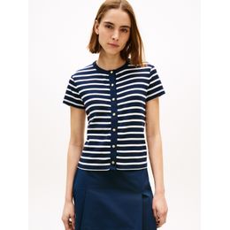 Kurzarmshirt Tommy Hilfiger "GOLD BUTTON SLIM SS TEE", Damen, Gr. L (42/44), breton stripe schwarz night, ecru, Single Jersey, Obermaterial: 100% Baumwolle, gestreift, slim fit, Shirts Kurzarmshirt