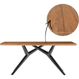 Esstisch Sit, braun (natur, antikschwarz, antikschwarz, natur), B:200cm H:73cm T:100cm, Platte recyceltes Teak, Gestell Metall, Tische, Esstisch, mit rustikaler Oberfl&auml;che
