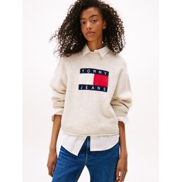Strickpullover Tommy Jeans "TJW MELANGE FLAG SWEATER RIB EXT", Damen, Gr. XXXL(46), wei&szlig; (ancient wei&szlig; htr), Strick, Obermaterial: 70% Polyacryl, 23% Polyamid, 5% Wolle, 2% Elasthan, meliert, figurbetont normal, Rundhals, Pullover Strickpullover, in gerippter Struktur