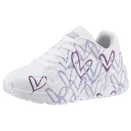 Sneaker Skechers "UNO LITE - SPREAD THE WORLD", Damen, Gr. 27, lila (wei&szlig;, lila), Synthetik, Schuhe Sneaker, Schn&uuml;rschuh mit s&uuml;&szlig;em herzchen Print, Gr&ouml;&szlig;enschablone zum Download