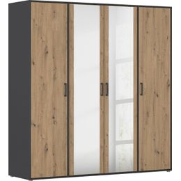 Dreht&uuml;renschrank Rauch "Kleiderschrank Schrank Garderobe W&auml;scheschrank VOYAGER", grau (graumetallic, eiche artisan), B:187cm H:194cm T:53cm, Holzwerkstoff, Schr&auml;nke, Dreht&uuml;renschrank, mit modernen Griffen in Graumetallic und Spiegel