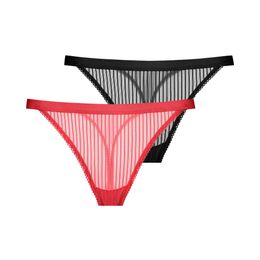 String Dorina "Lamina", Damen, Gr. L, coral, schwarz, Netz, Obermaterial: 90% Polyamid, 10% Elasthan, k&ouml;rpernah, Unterhosen String, Mit gestreiftem Netzbesatz