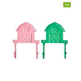 Rice 2er-Set: Wandhaken "Farm" in Pink/ Gr&uuml;n - (B)13,5 x (H)19 cm - 55% | Garderoben