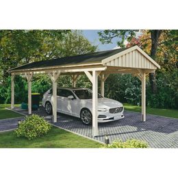 Skan Holz Einzelcarport &raquo;Fichtelberg&laquo; Leimholz natur mit schwarzen Schindeln beige