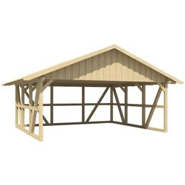 Skan Holz Doppelcarport &raquo;Schwarzwald&laquo; Massivholz 560 cm Eiche hell mit R&uuml;ckwand, mit Dachschalung braun