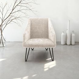 DOMO collection Sessel &raquo;Delft Loungesessel, Hairpin Legs, Retro, Metallbeine schwarz&laquo; Chenille-Optik, creme beige 100% Polyester
