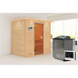 Karibu Sauna &raquo;"Sunie" mit bronzierter T&uuml;r und Kranz, naturbelassen, mit Ofen 9 kW&laquo; aus hochwertiger nordischer Fichte