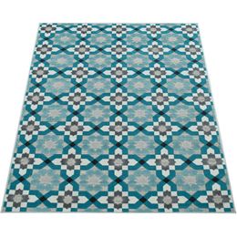 Paco Home Teppich &raquo;Charleroi 492&laquo; rechteckig 3 mm H&ouml;he 3D-Design, Motiv Bl&uuml;ten, In- und Outdoor geeignet blau Polypropylen