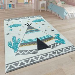 Paco Home Kinderteppich &raquo;Ela 215&laquo; rechteckig 16 mm H&ouml;he Kurzflor, 3D-Design, Motiv Zelt, Wolken & Sterne, Kinderzimmer beige Polypropylen